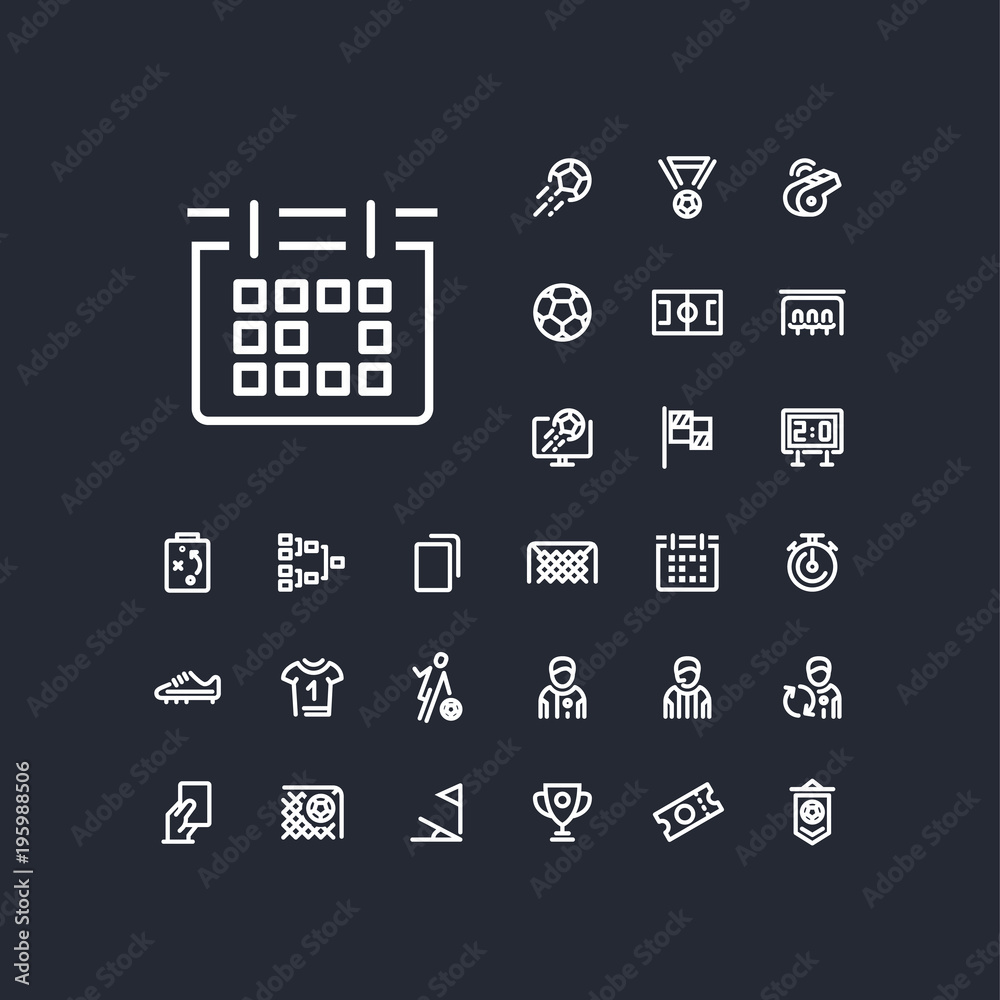 Stats icon in set on the black background. Soccer / football linear ...