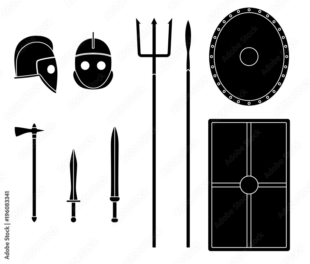 Gladiator weapons and armors set. Ancient warrior equipment. Gladius ...