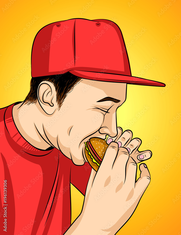 Colorful vector illustration of a guy eating junk food. Man in a red ...