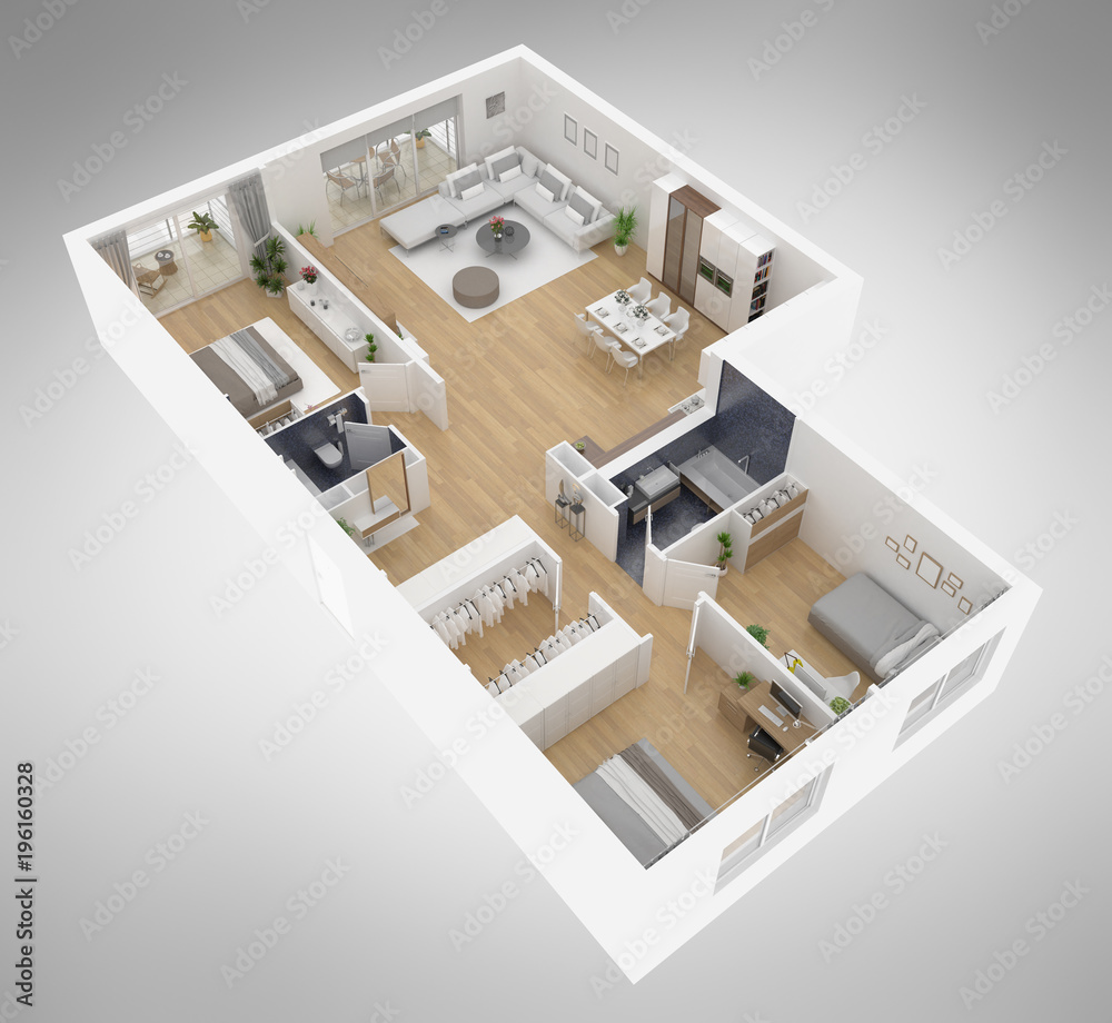Home floor plan top view 3D illustration. Open concept living apartment ...