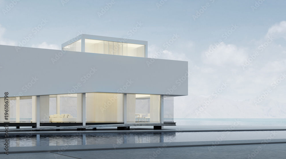 3D rendering of modern architecture with warm interior lighting and ...