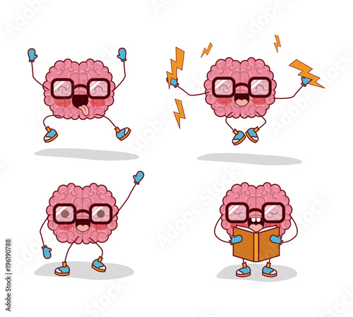 brain cartoon set with glasses and books and lightnings in white ...