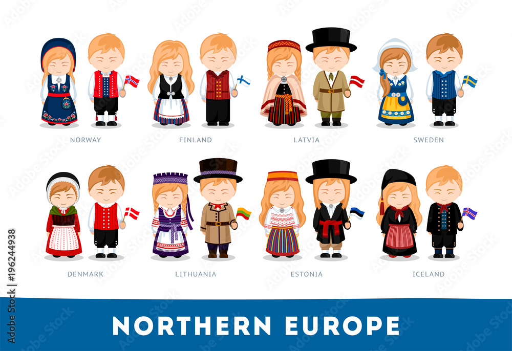 Europeans in national clothes. Northern Europe. Set of cartoon ...