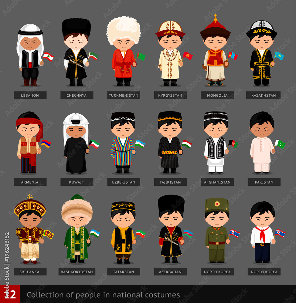 Boys in national costumes. Set of asian men dressed in national clothes ...