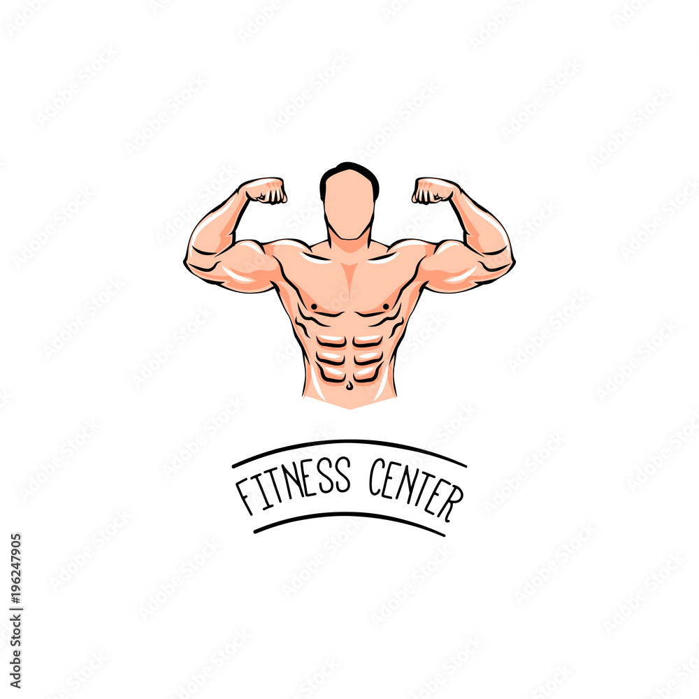 Bodybuilder with a mustache. Man with muscles. Fitness center. Vector ...