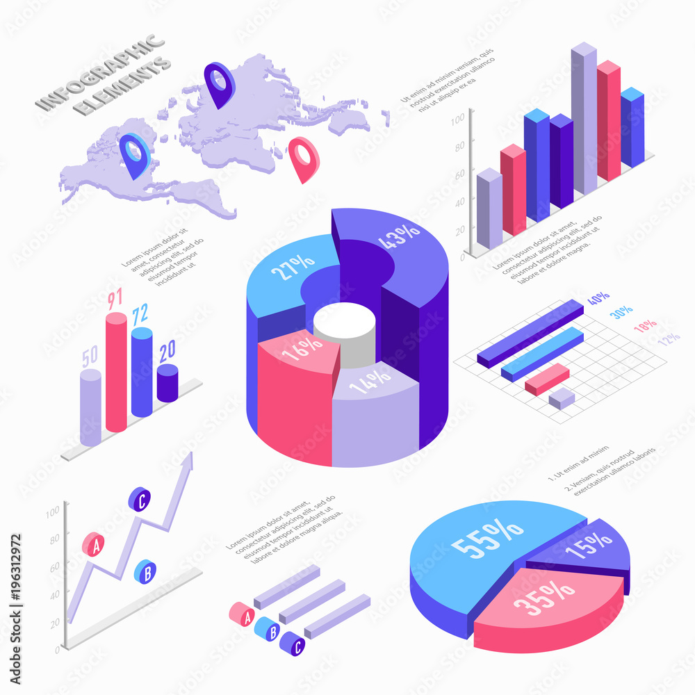 Isometric infographic elements with charts, diagram, pie chart, world ...