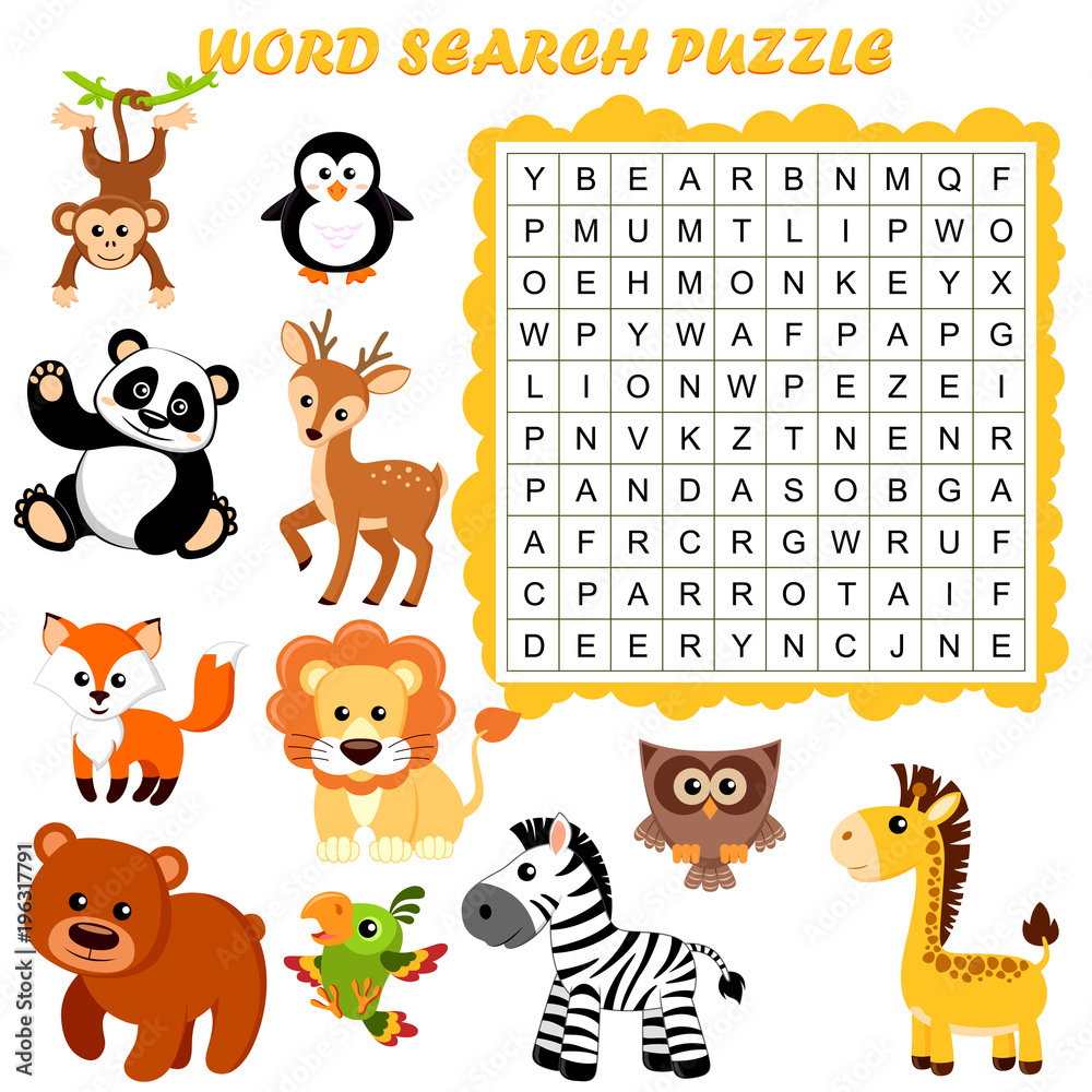 Word search puzzle. Vector education game for children. Animals Stock ...