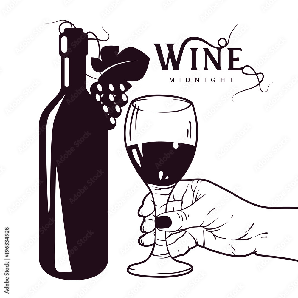 Realistic hand drawing, unopened wine bottle and hand holding a ...