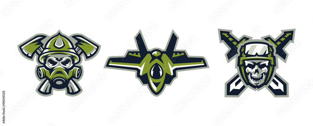 Set of logos on military themes. A skull in a gas mask and axes, a ...