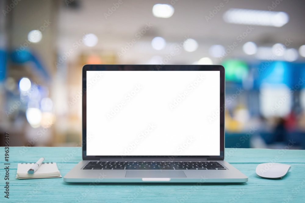 Laptop with blank screen on table of hospital background, Patient ...