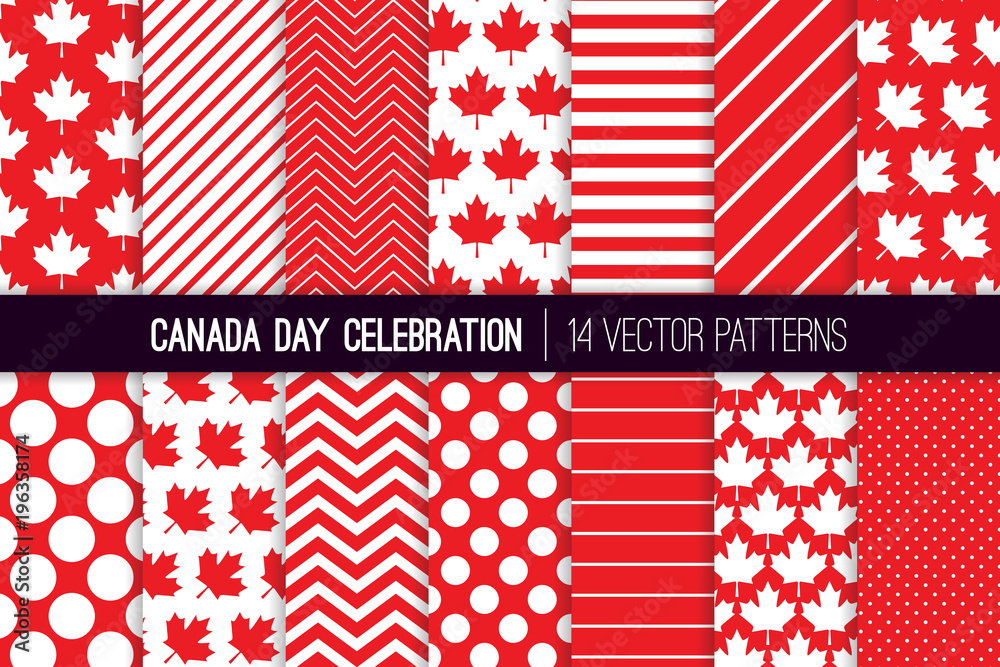 Canada Day Vector Patterns in Red and White Maple Leaf, Stripes, Polka ...