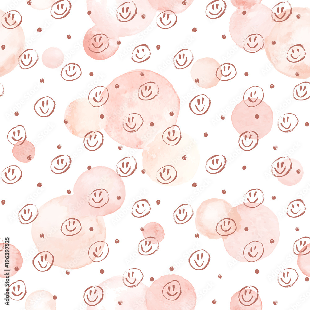 Watercolor vector texture with smileys. Aquarelle circles in pastel ...