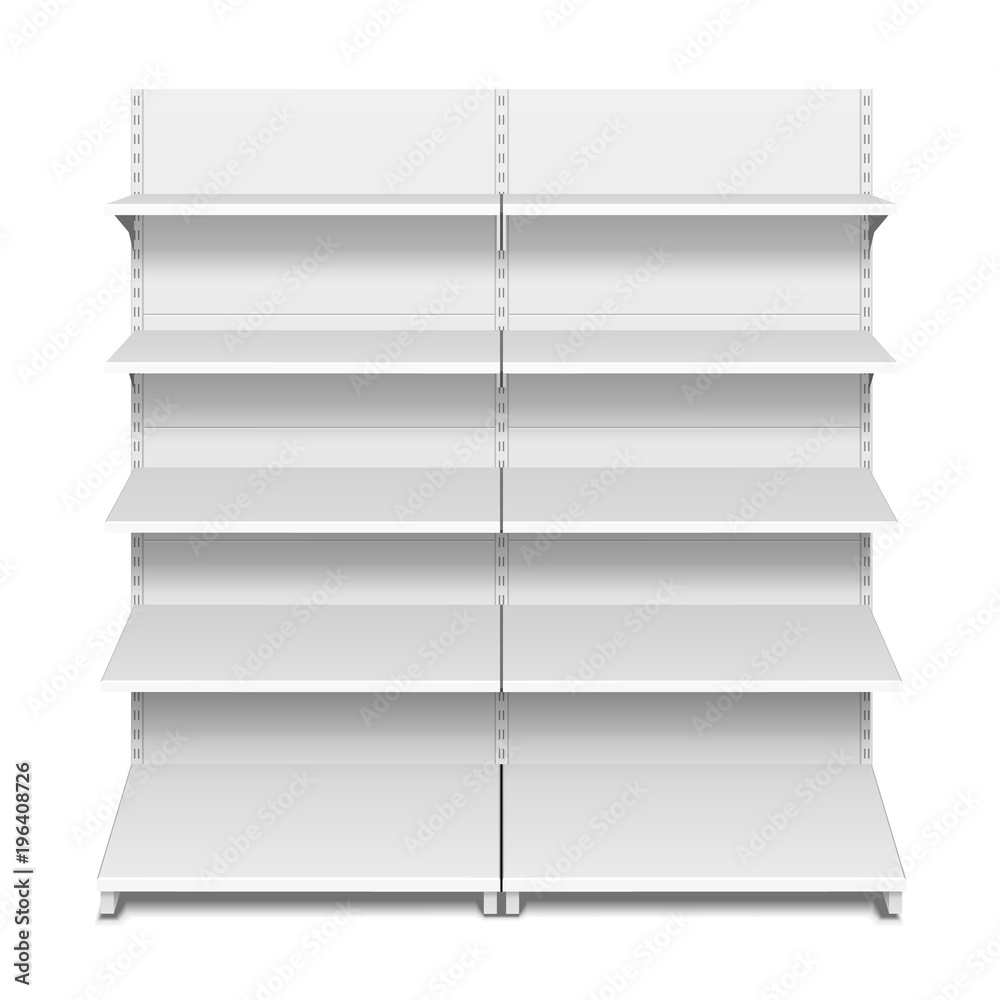 Blank Empty Showcase Display With Retail Shelves. 3D. Front View. Mock ...