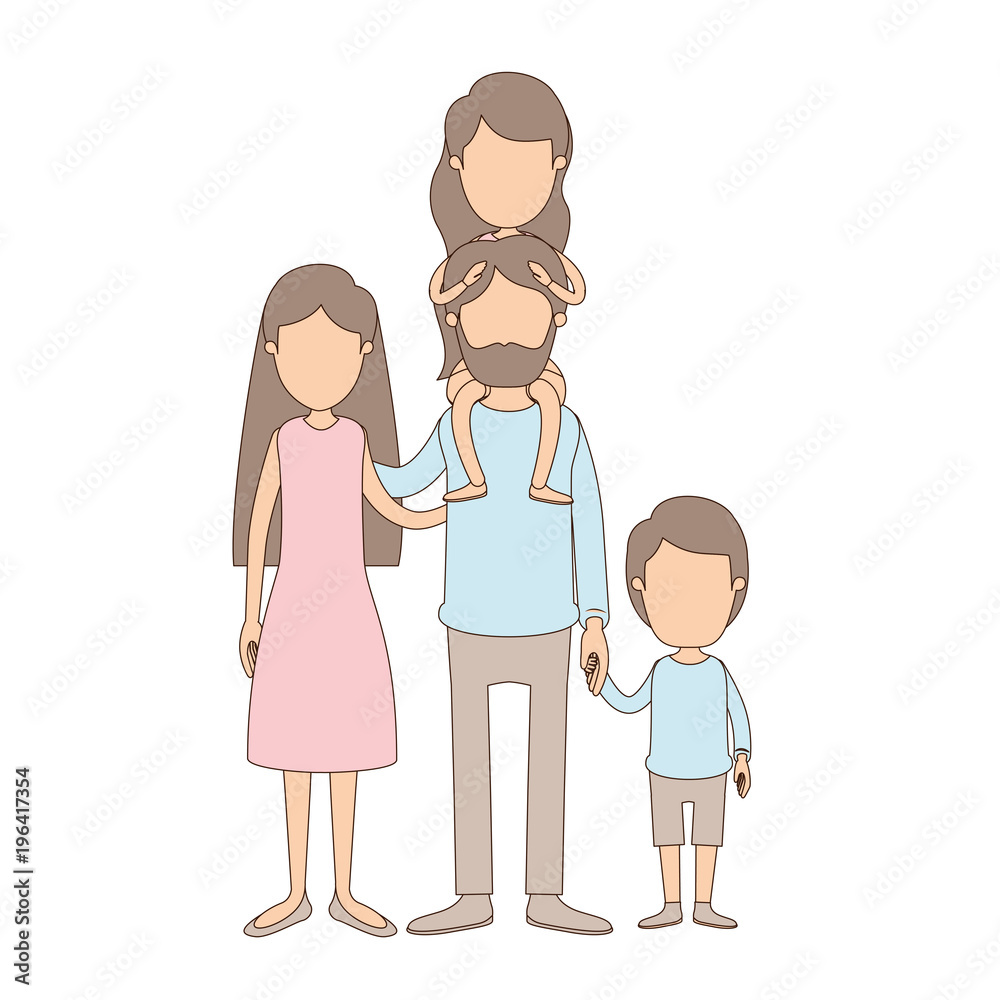 light color caricature faceless family parents with girl on his back ...
