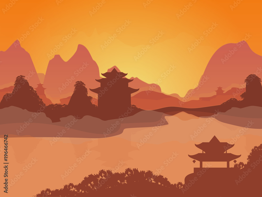 Cartoon Oriental Chinese Card Poster. Vector Stock Vector | Adobe Stock