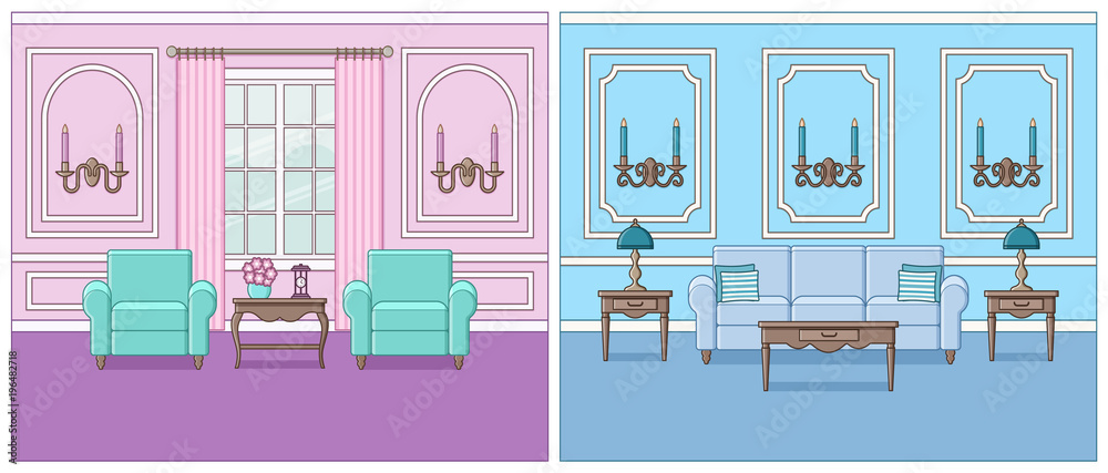 Living room interior. Vector. Set rooms in line art flat design. Linear ...