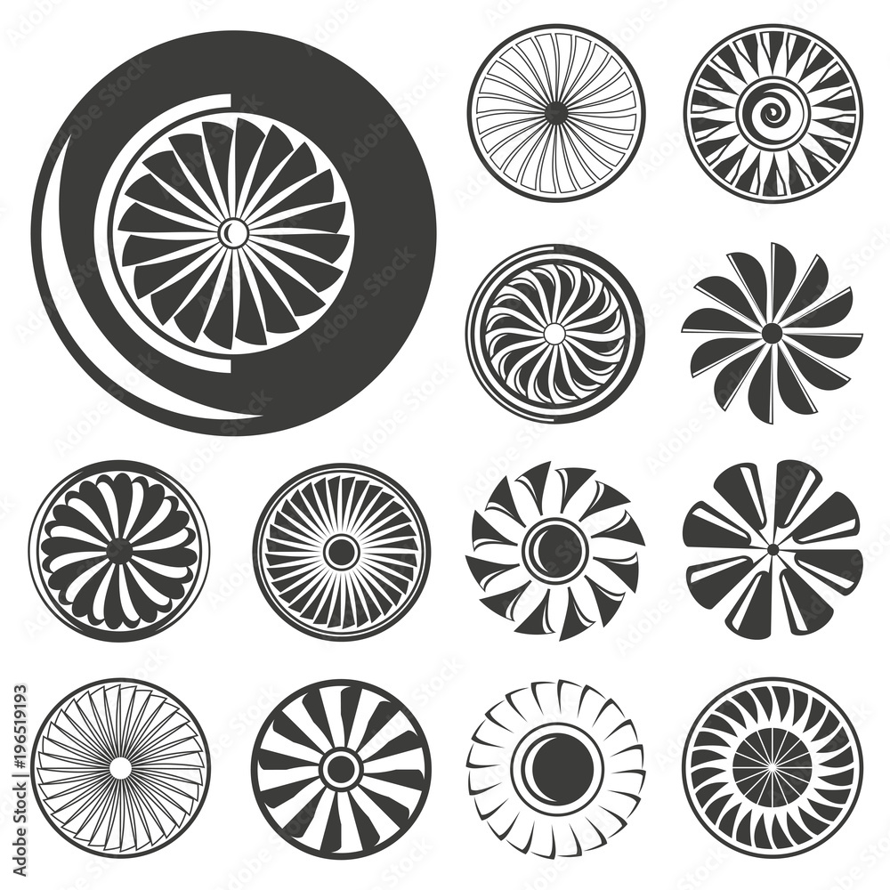 jet engine, turbine and engine blade icons Stock Vector | Adobe Stock