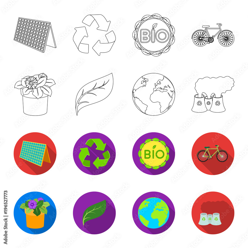 A processing plant, flowers in a pot, a green leaf, a planet Earth.Bio ...