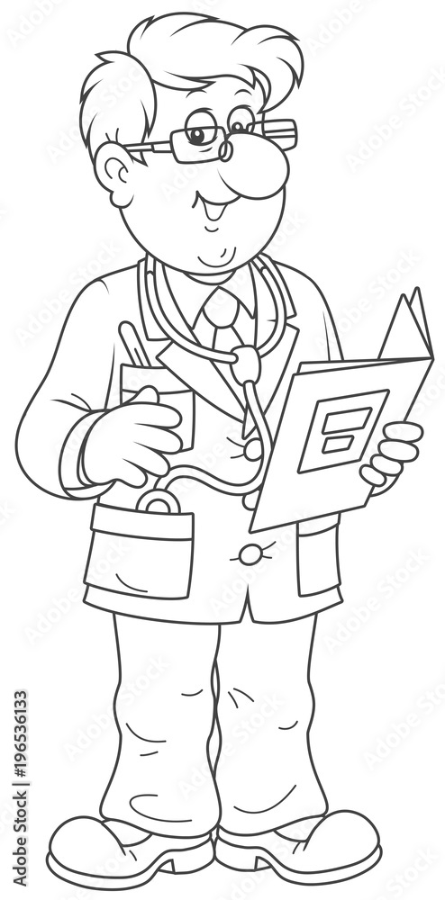 Smiling doctor in a hospital gown with a folder of a medical history ...