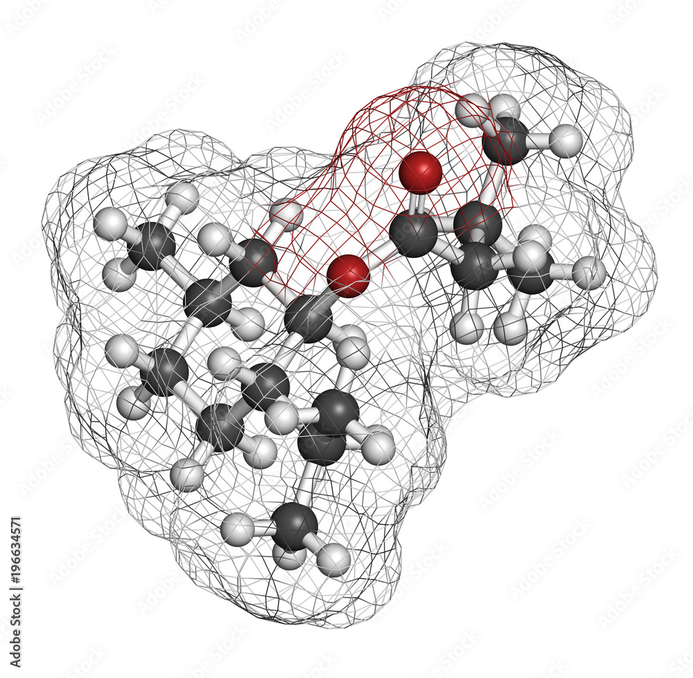 Menthyl isovalerate drug molecule. 3D rendering. Atoms are represented ...