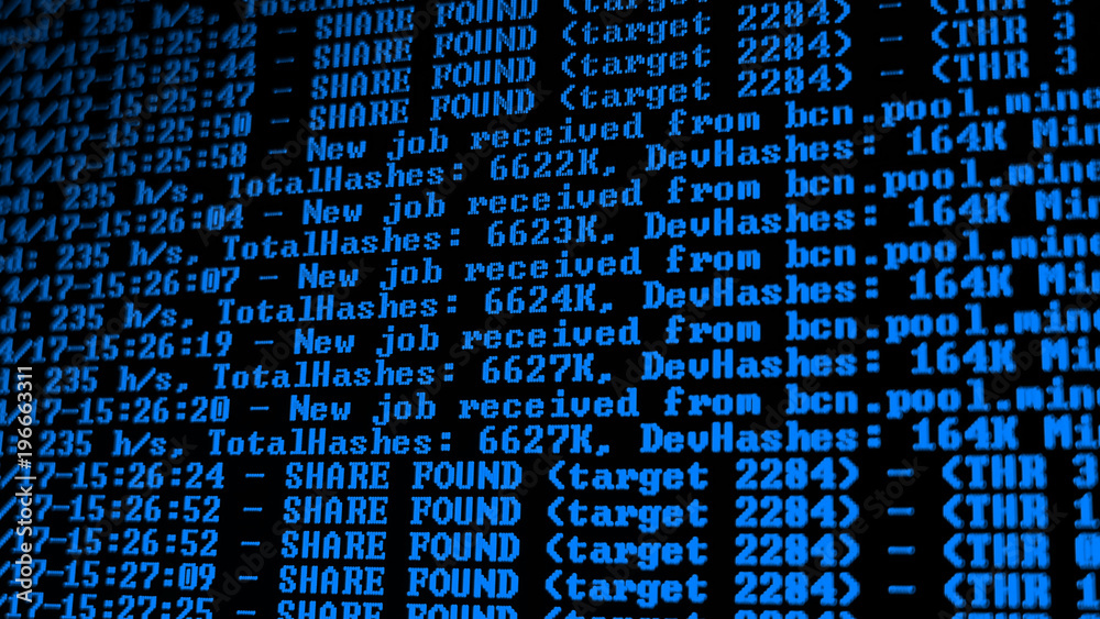 Mining Cryptocurrency process program on display PC. Using Software. Share Found. Stock Photo ...
