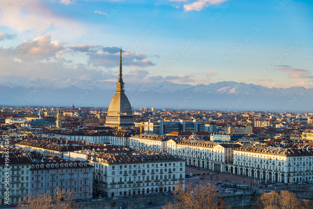 Turin skyline at dusk, panorama cityscape at Torino, Italy, with the ...