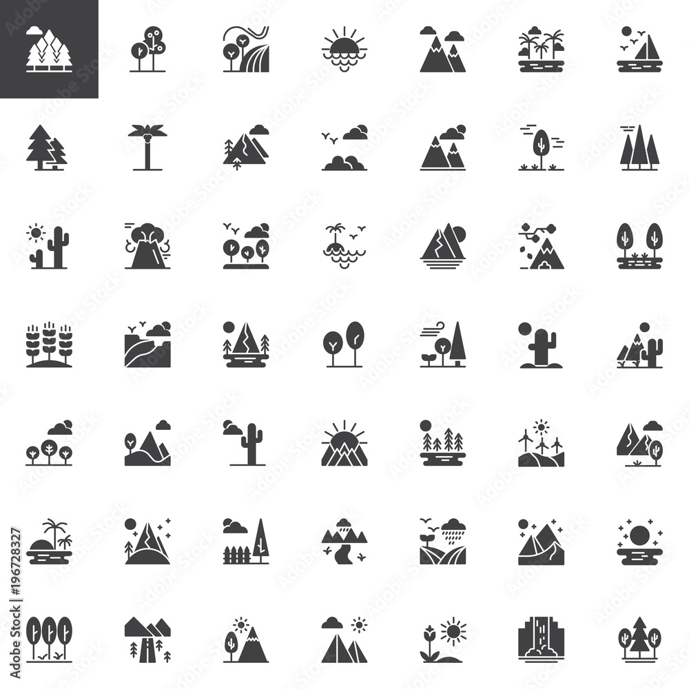 Nature landscapes vector icons set, modern solid symbol collection ...