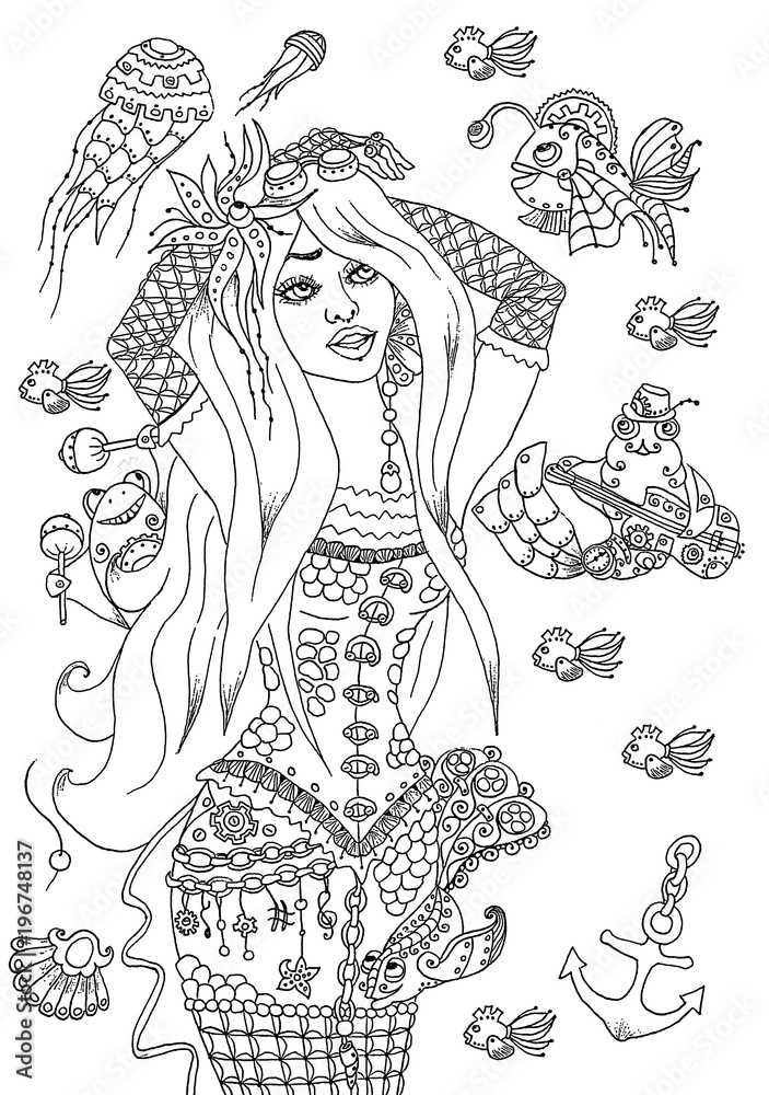 Mermaid illustration outline coloring book page Stock Illustration ...