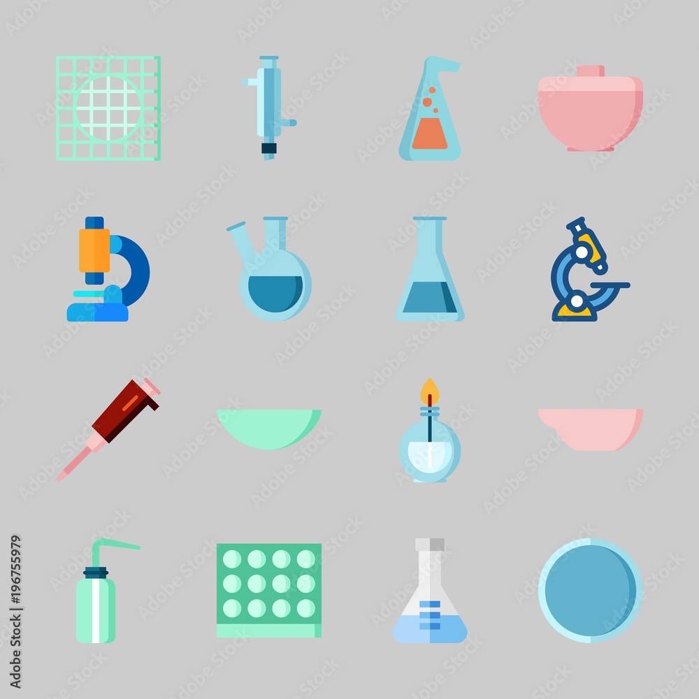 Icons about Laboratory with condenser, watch glass, measuring ...