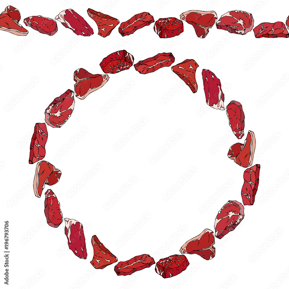 Endless Pattern Brush, Round Garland with Popular Steak Types. Beef ...