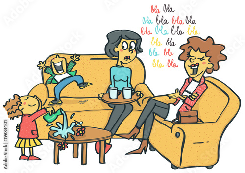Funny vector cartoon of woman visiting friend with her annoying and ...