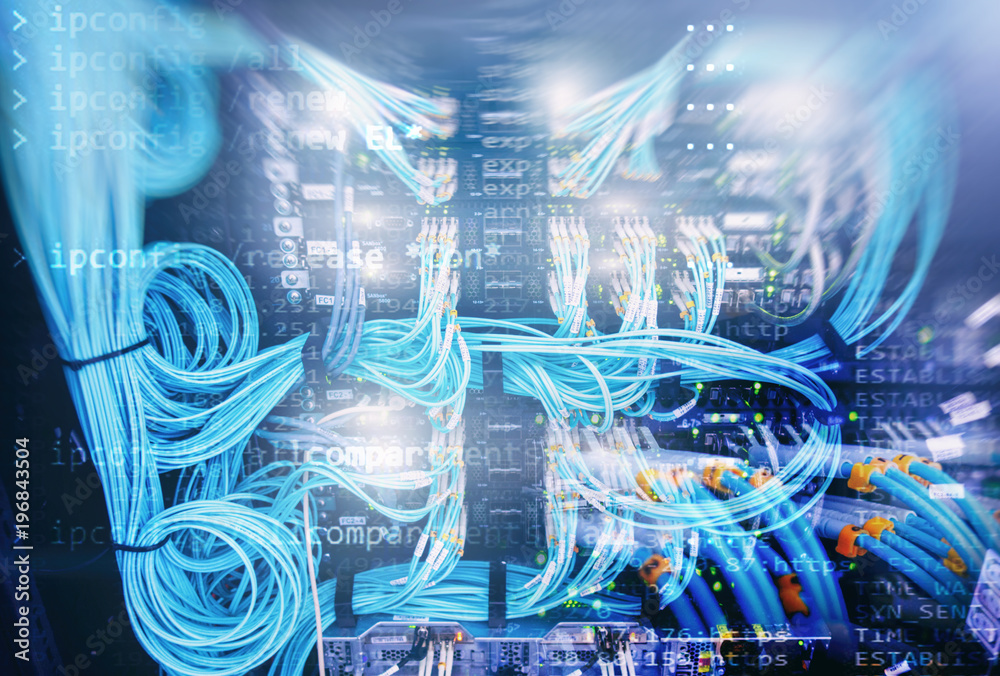 Supercomputer data center. Fiber Optical connector interface. multiple ...