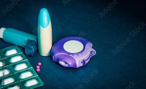 Set of asthma inhaler, accuhaler and anti-allergy pills for treatment ...