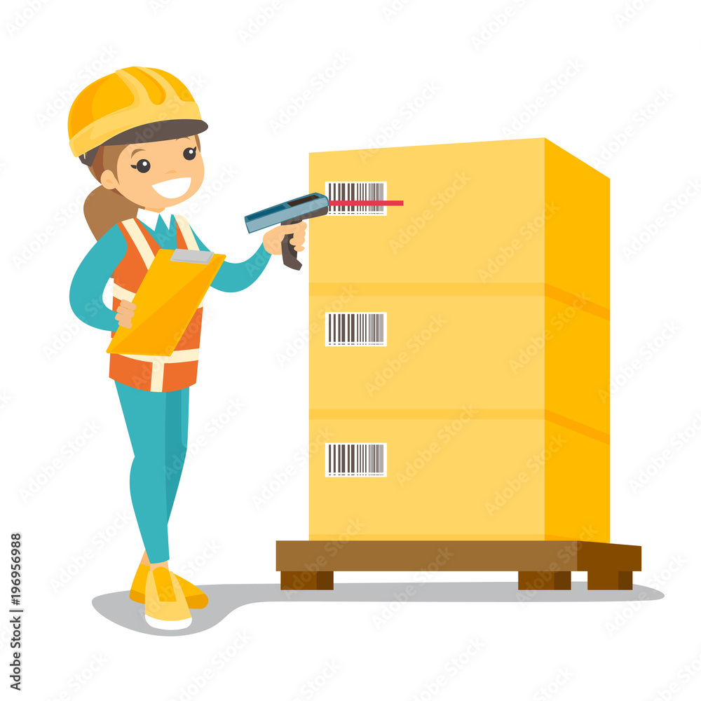 Young caucasian white warehouse worker scanning barcode on box ...