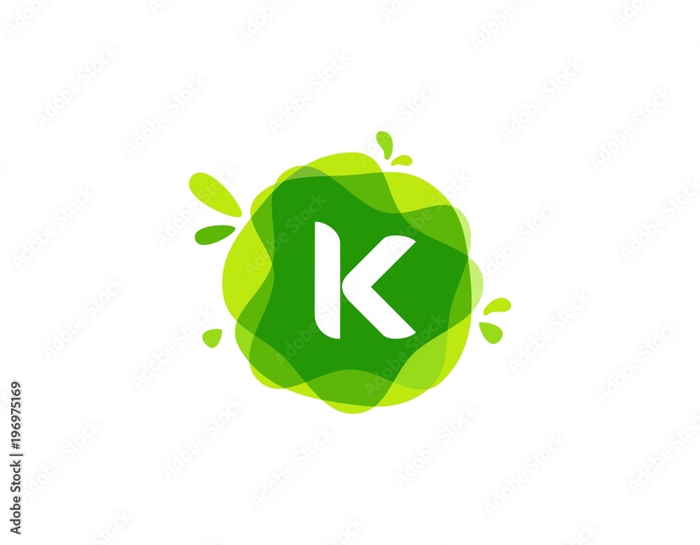 Letter K logo at green watercolor splash background. green nature logo ...