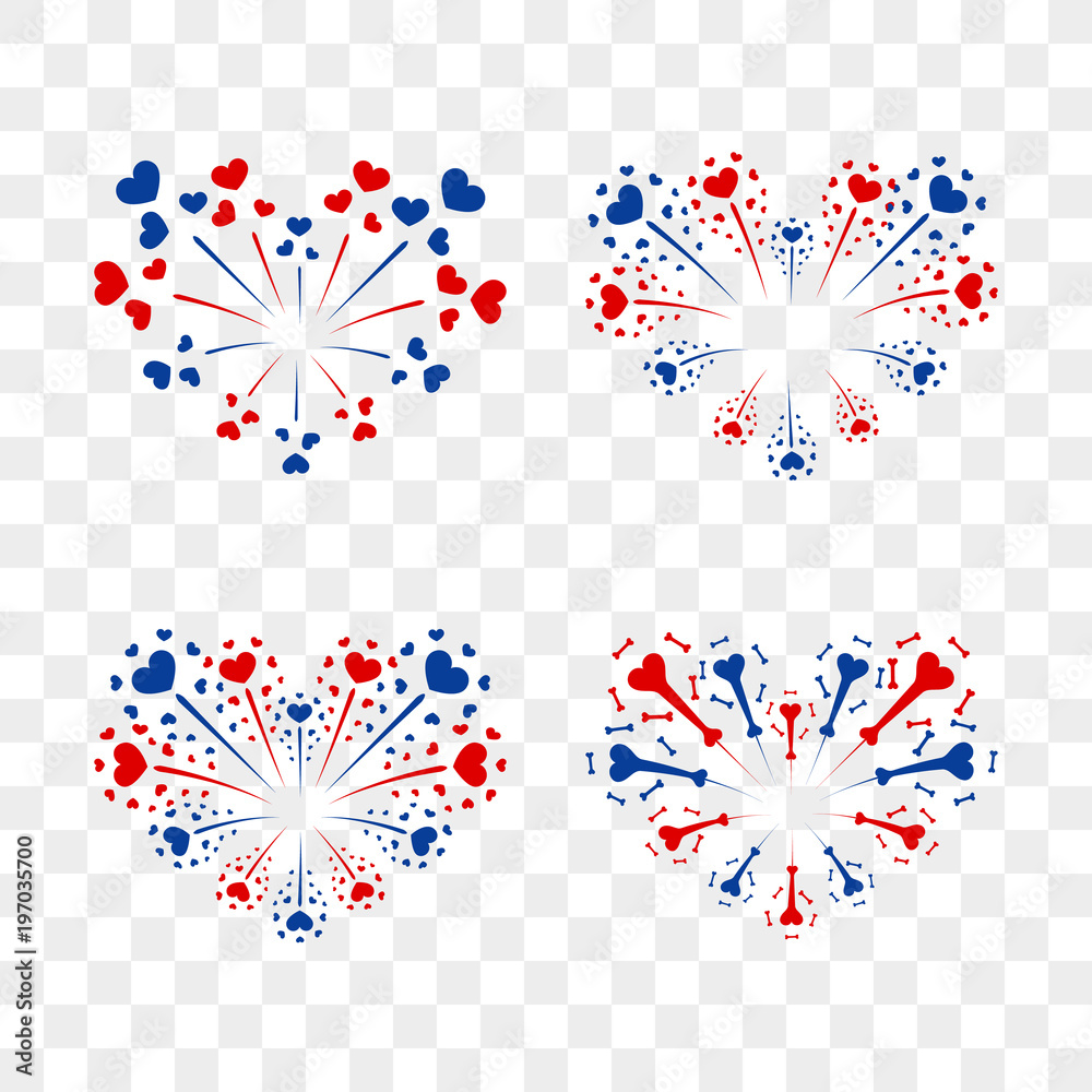 Beautiful heart-fireworks set. Romantic salute isolated on transparent ...