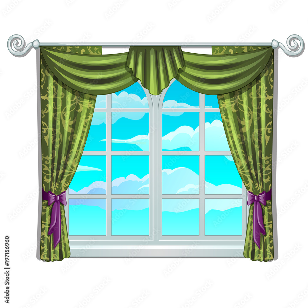 Classic window and view of sky and clouds. Antique glass in frame with ...