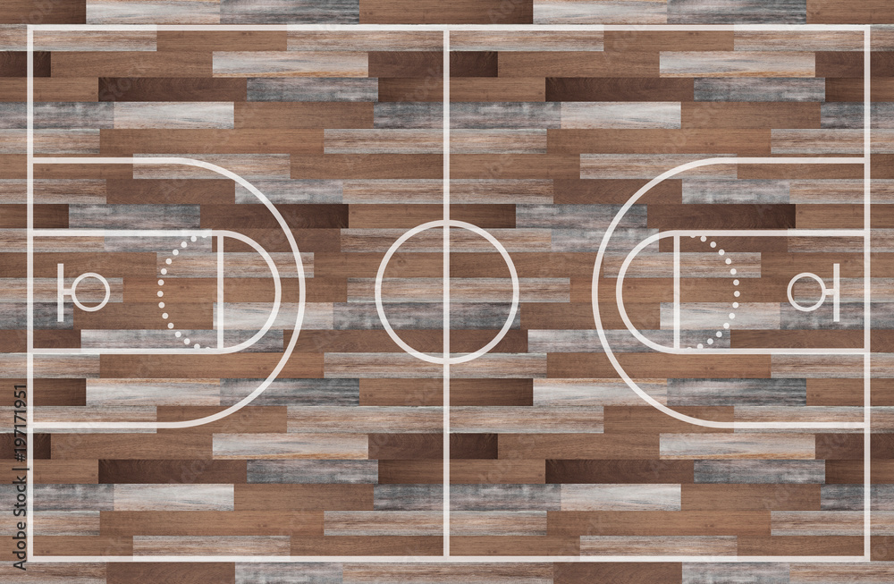 Top view, Basketball court and layout line on wooden texture background ...