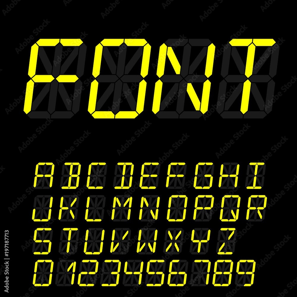 digital font signs made up from sixteen segments on dark background ...