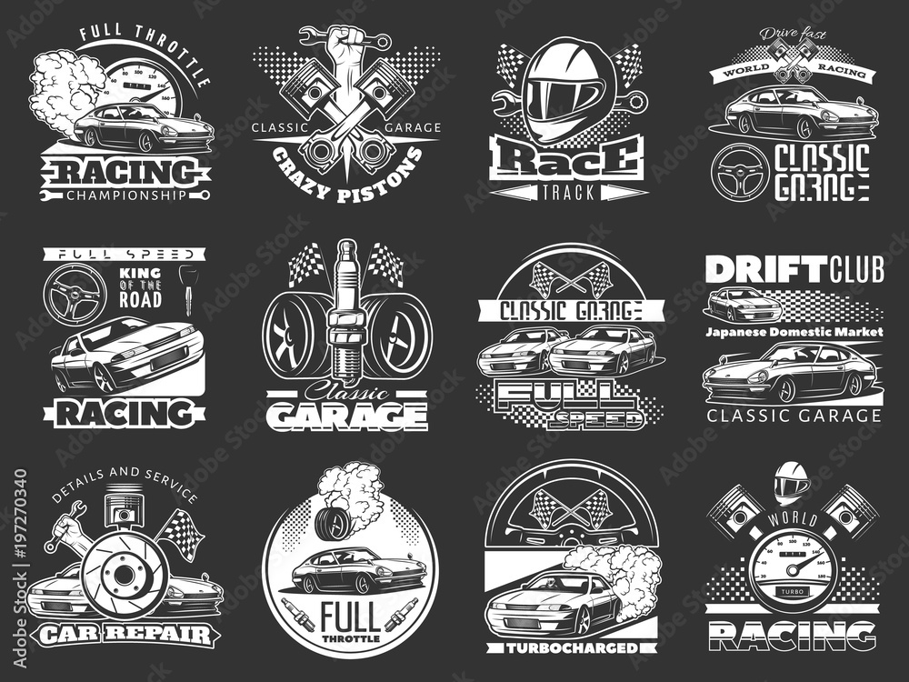 set of car racing white monochrome emblems, labels, logos and ...