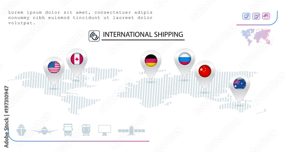 Logistics icons. Pin with flags of different countries. World map Stock ...