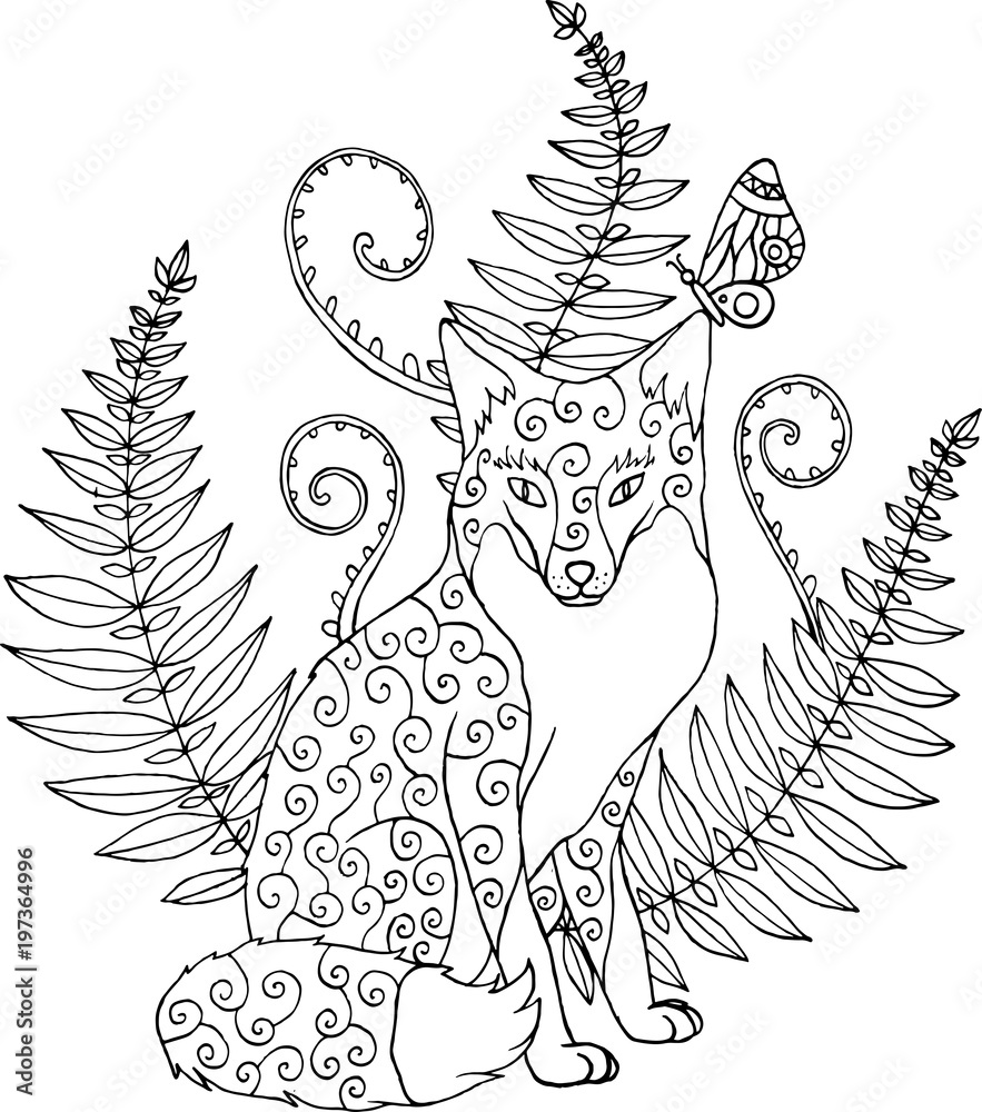 Tribal ornated zentangle fox with forest fern. Artwork fot coloring ...