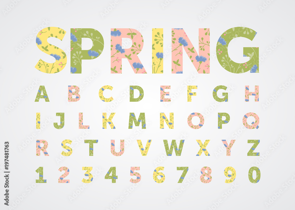 spring font, alphabet of flowers, cornflowers, greens, letters for ...