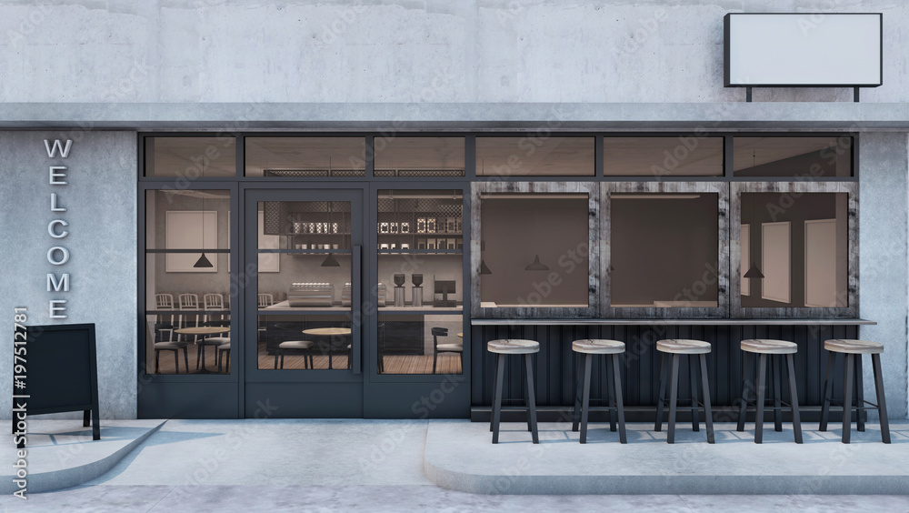 Front view Cafe shop Restaurant design Modern Loft black metal concrete ...