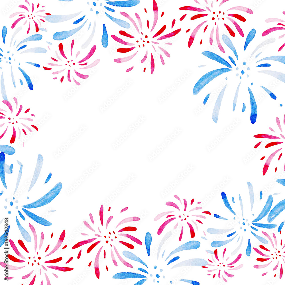 Watercolor frame for Fireworks festival. Holidays, 4th of July, United ...