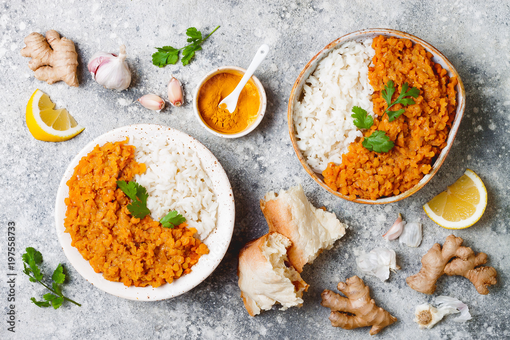 Traditional red lentil Dal. Indian Dhal spicy curry in bowl with flat ...