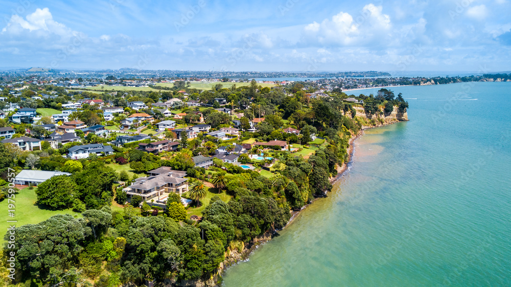Aerial view on residential suburb on the top of rocky cliff, facing ...