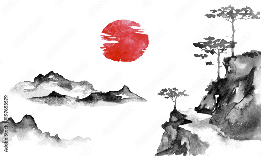Japan traditional sumi-e painting. Indian ink illustration. Japanese ...