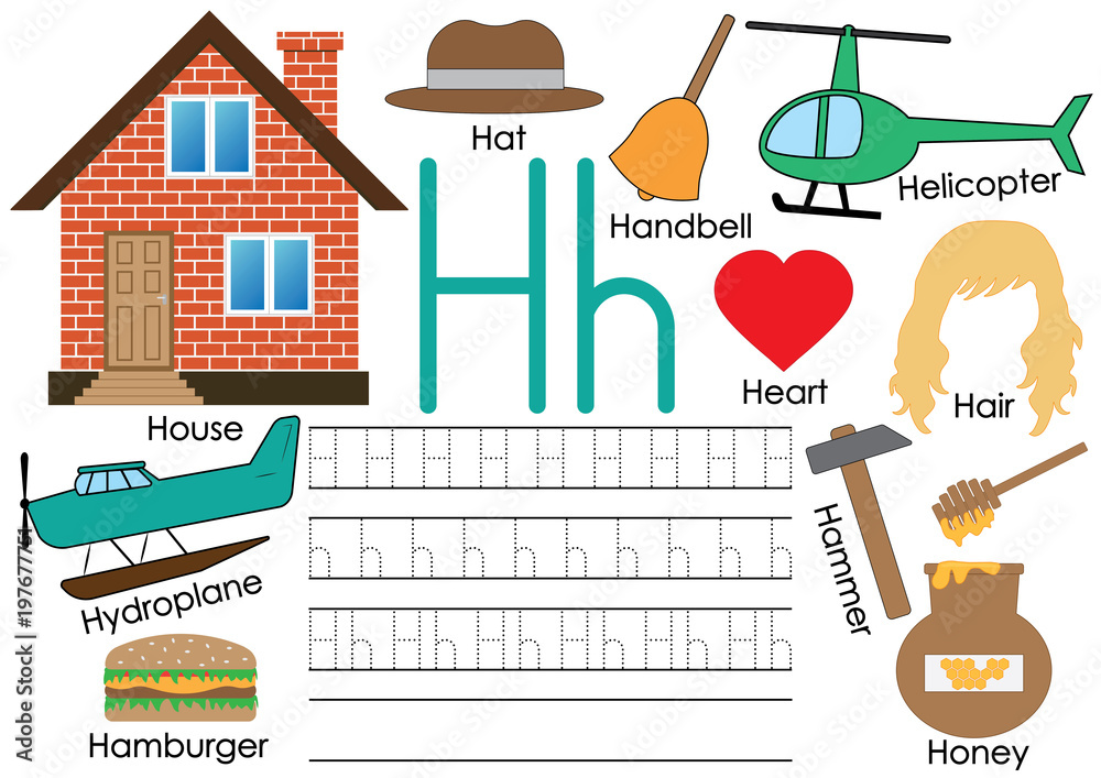Letter H. Learning English alphabet with pictures. Writing practice ...