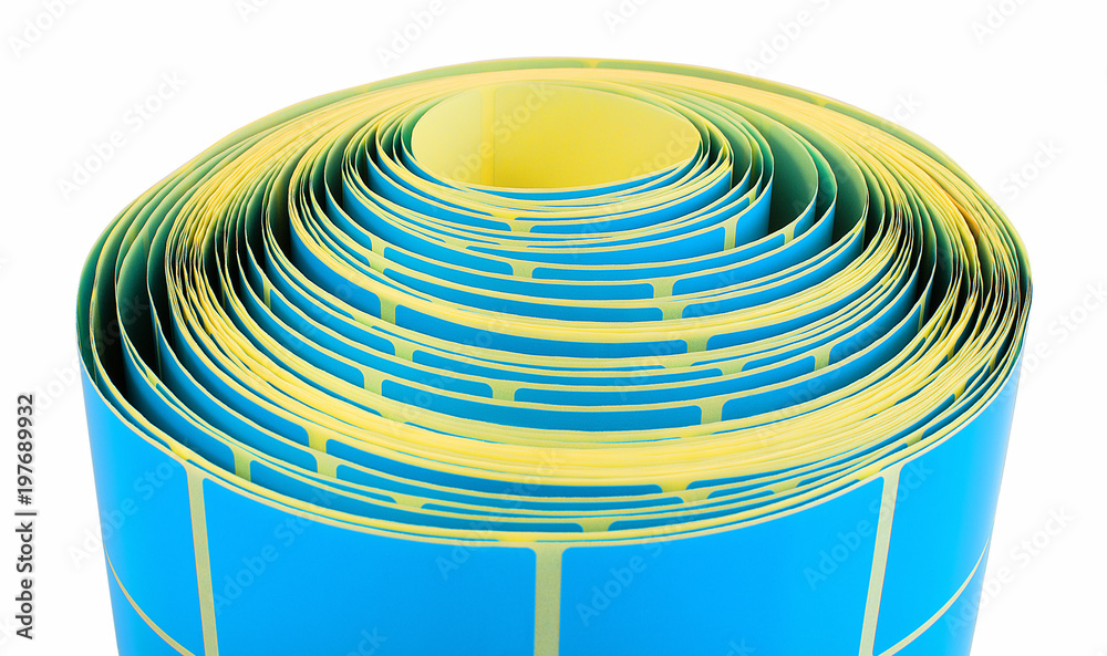 Blue label roll isolated on white background with shadow reflection ...